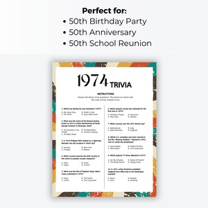 1974 Trivia Game, Born in 1974, 50th Birthday Game, 50th Anniversary ...