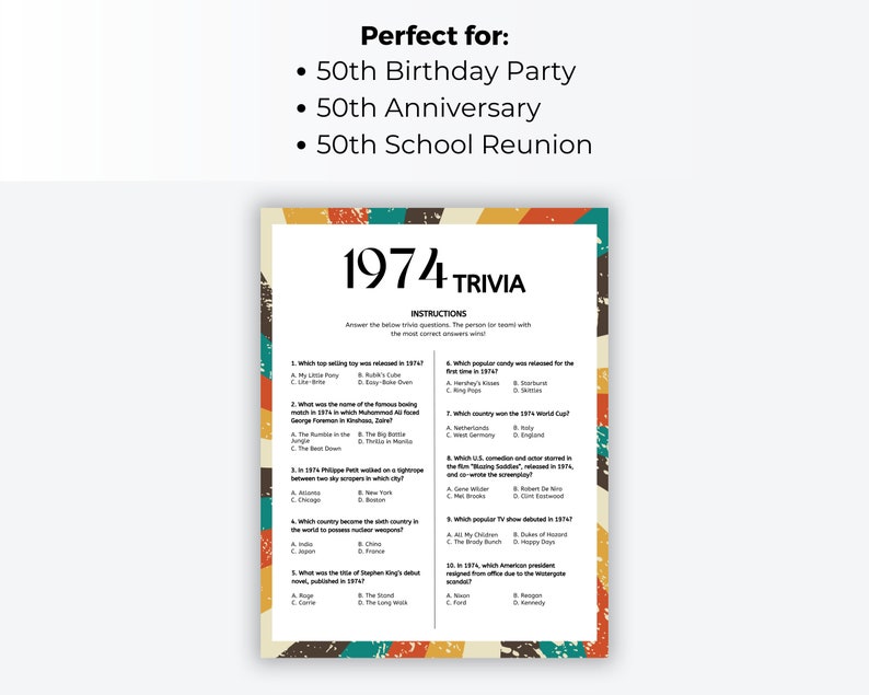 1974 Trivia Game, Born in 1974, 50th Birthday Game, 50th Anniversary ...