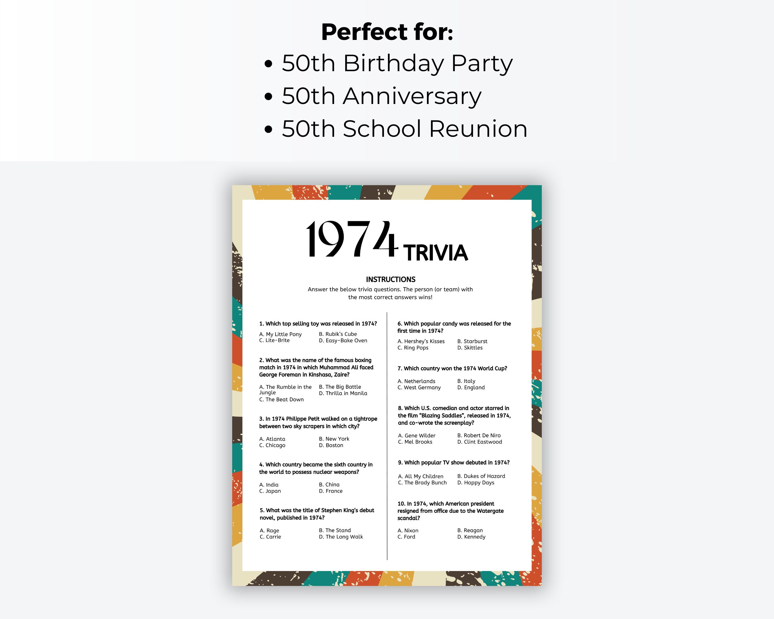 1974 Trivia Game, Born in 1974, 50th Birthday Game, 50th Anniversary ...