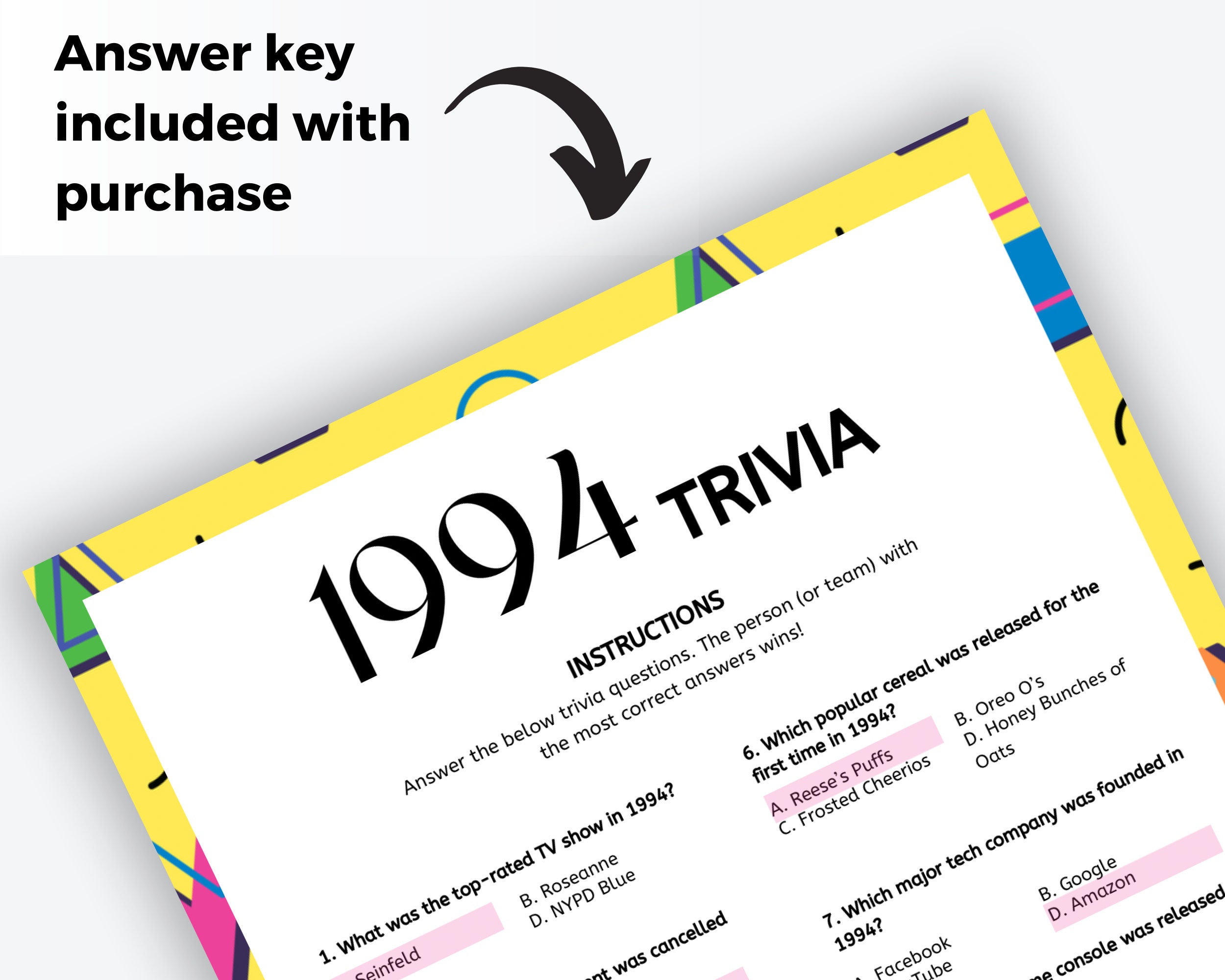 1994 Trivia Game, Born in 1994, 30th Birthday Game, 30th Anniversary ...