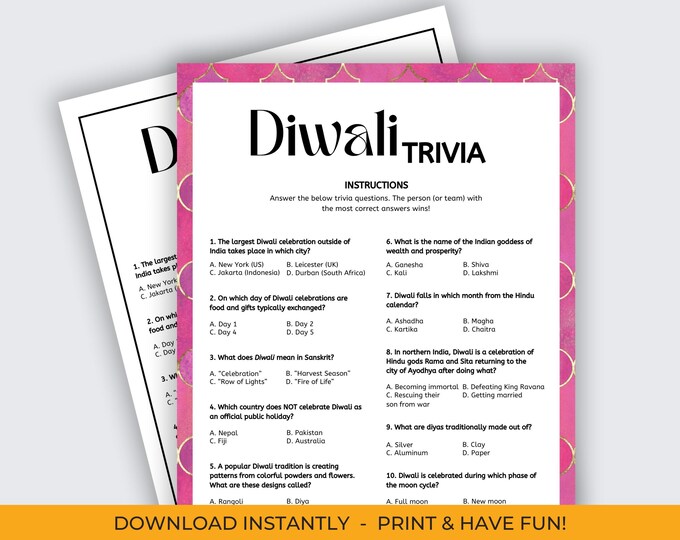 Diwali Trivia Game, Printable Quiz With Answers for a Diwali Party ...