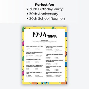 1994 Trivia Game, Born in 1994, 30th Birthday Game, 30th Anniversary ...