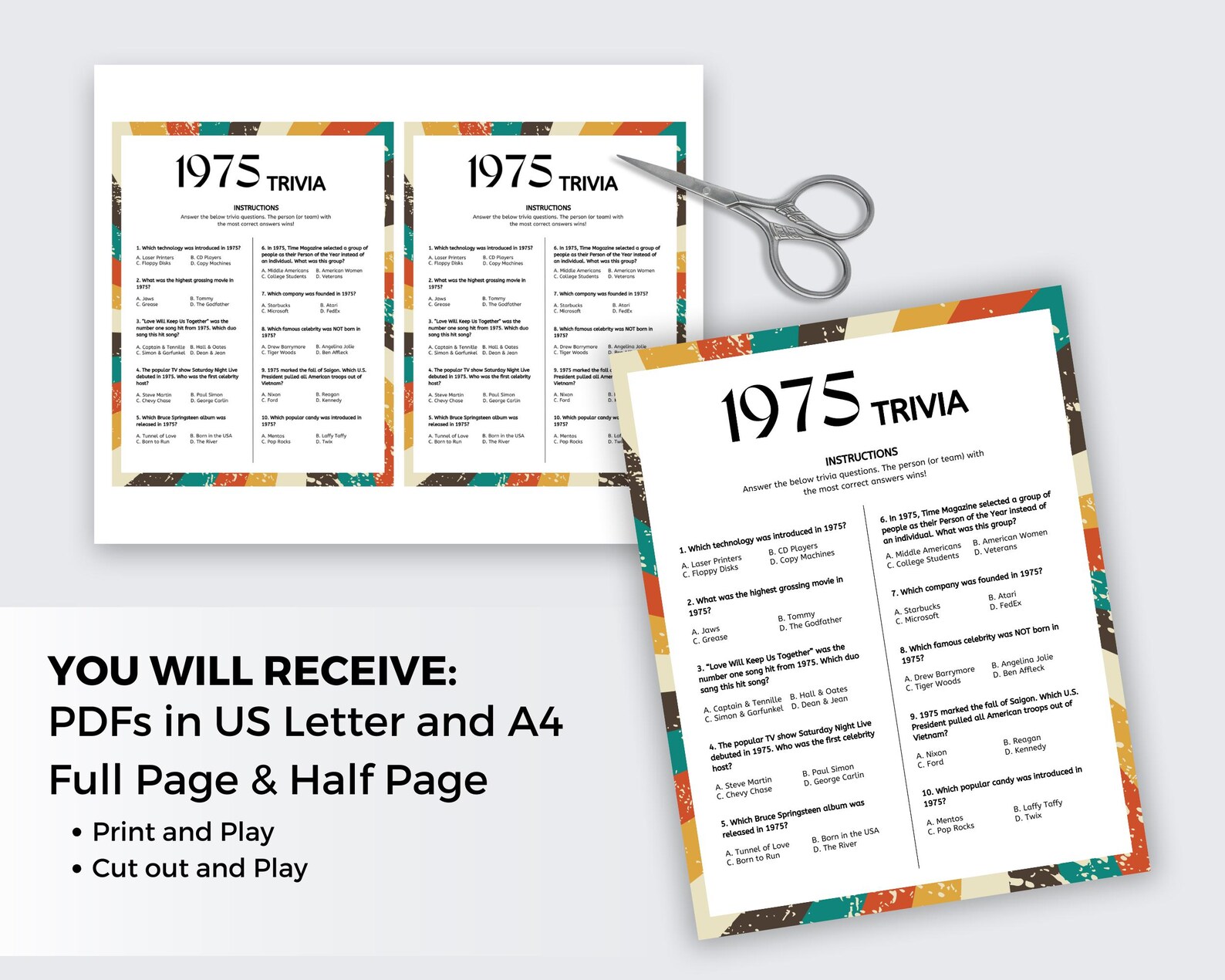 1975 Trivia Game, Born in 1975, 50th Birthday Game, 50th Anniversary ...