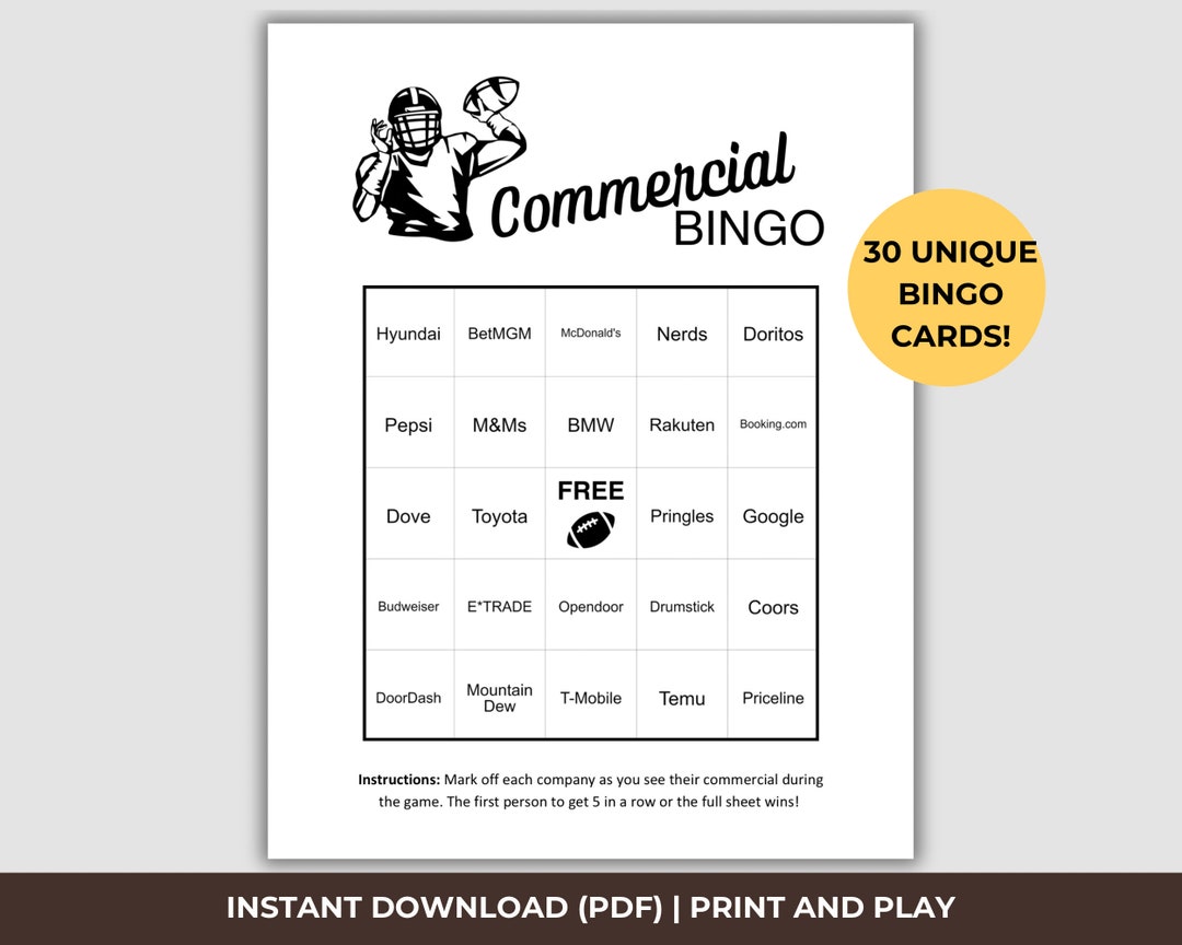 Commercial Bingo Printable, Football Game Bingo, the Big Game 2024 ...