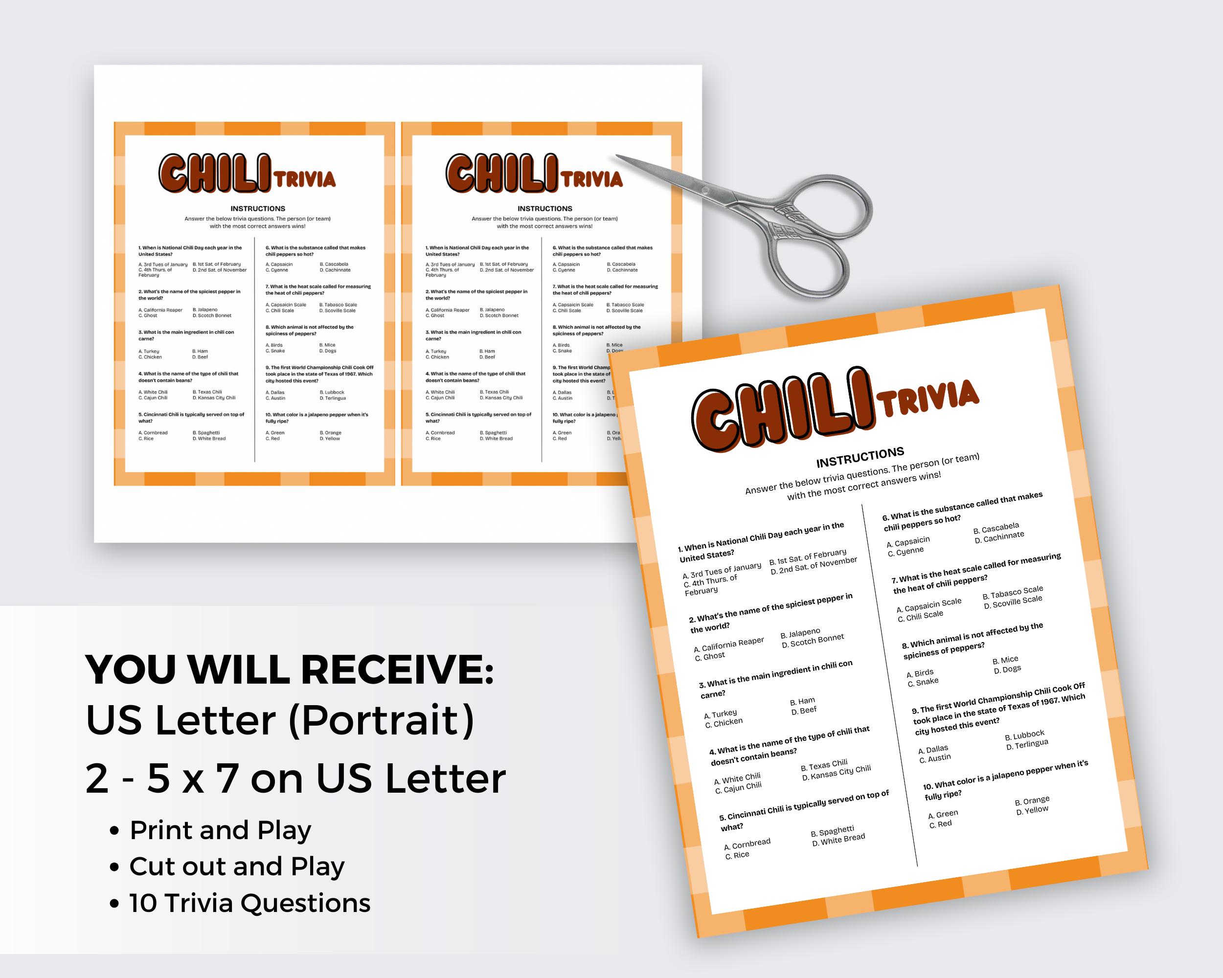Chili Trivia Game for Chili Cook off Event or Chili Competition ...