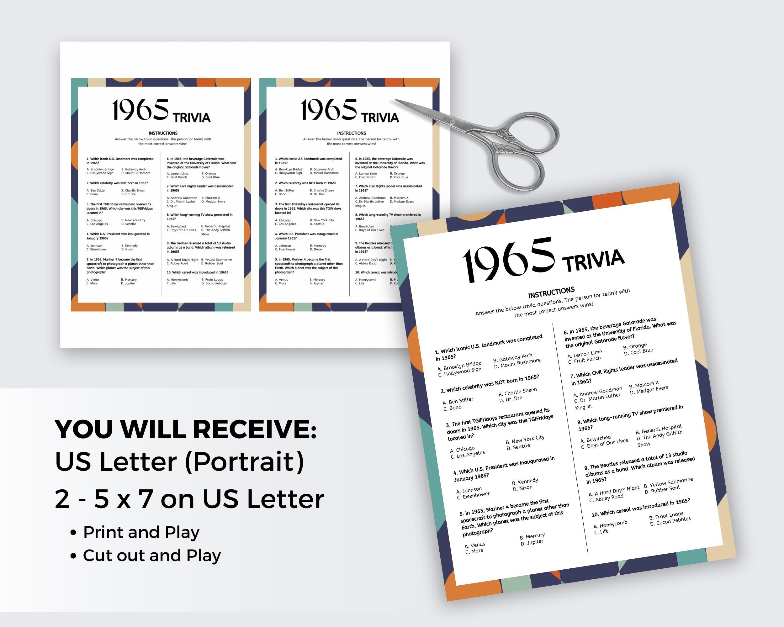 1965 Trivia, 1965 Trivia Game, Born in 1965, 60th Birthday Trivia Game ...