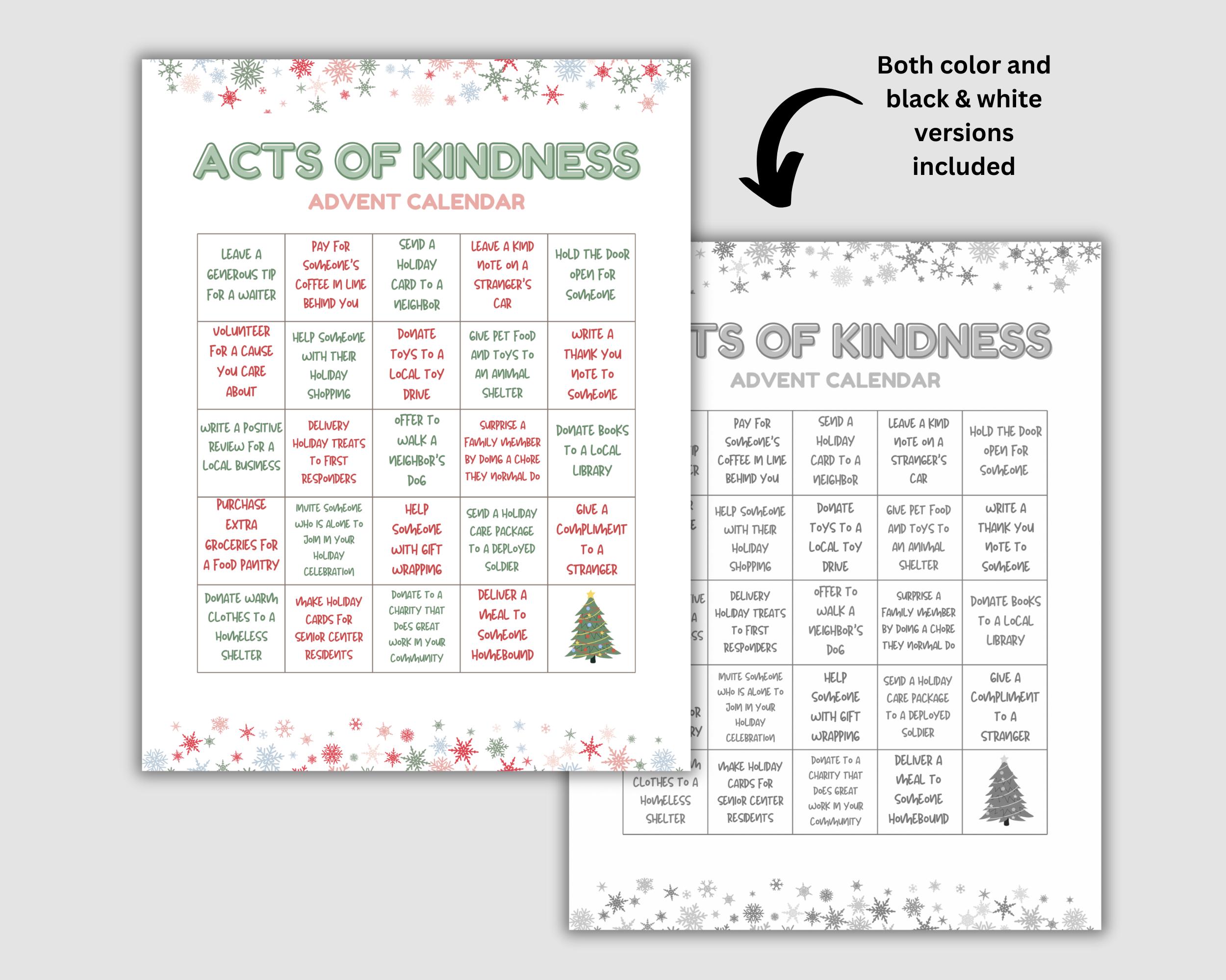 Kindness Advent Calendar: Christmas Holiday Acts (printable PDF) - Etsy
