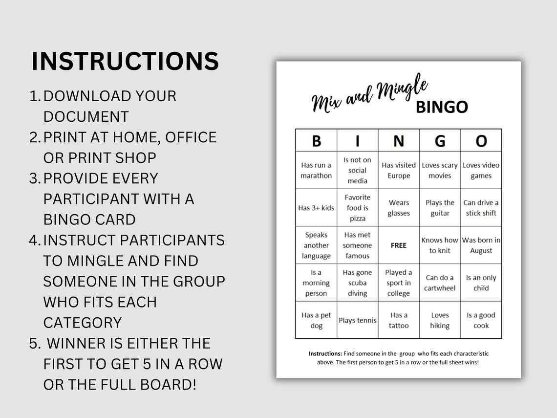 Mix and Mingle Bingo, Icebreaker Game for Groups, Get to Know You Bingo ...