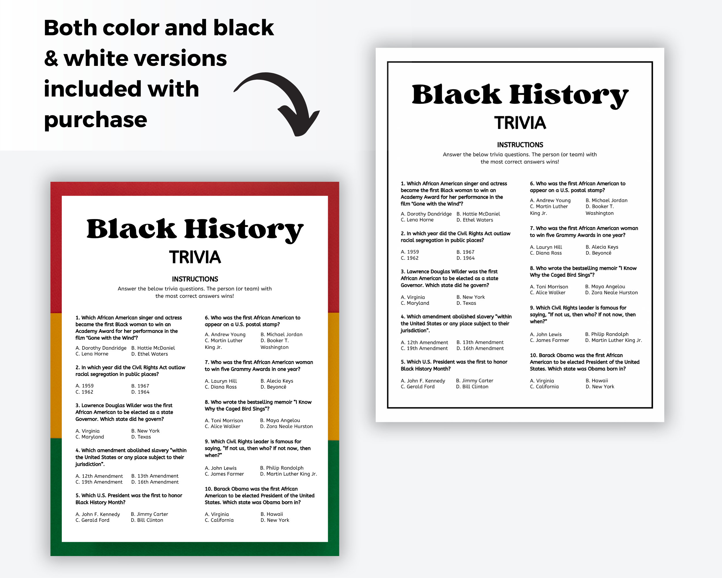 Black History Trivia Game, Printable Black History Month Activity for ...