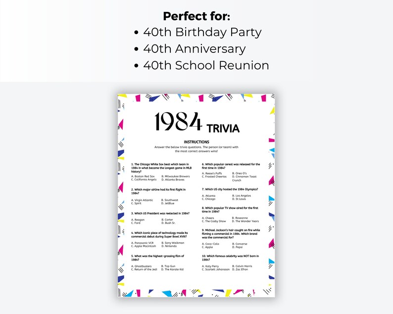 1984 Trivia Game, 40th Birthday Trivia, 1984 Birthday, Born in 1984 ...