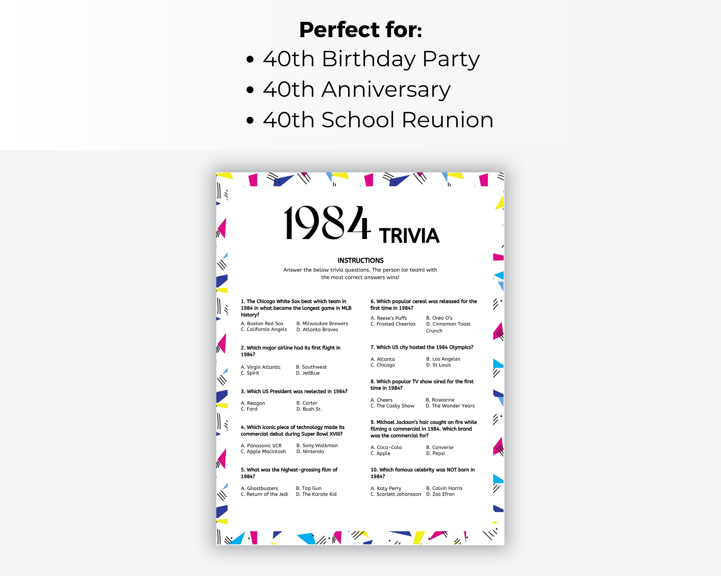 1984 Trivia Game, 40th Birthday Trivia, 1984 Birthday, Born in 1984 ...