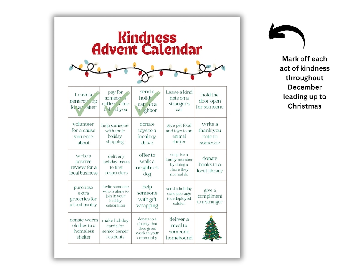 Kindness Advent Calendar, Christmas Acts of Kindness, Printable Holiday ...