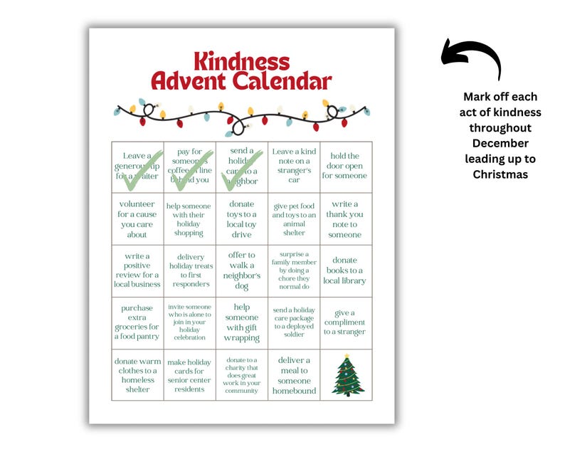 Kindness Advent Calendar, Christmas Acts of Kindness, Printable Holiday ...
