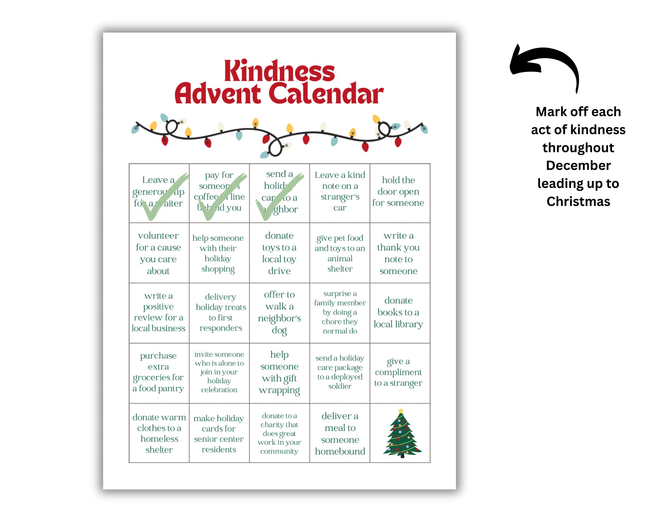 Kindness Advent Calendar, Christmas Acts of Kindness, Printable Holiday ...