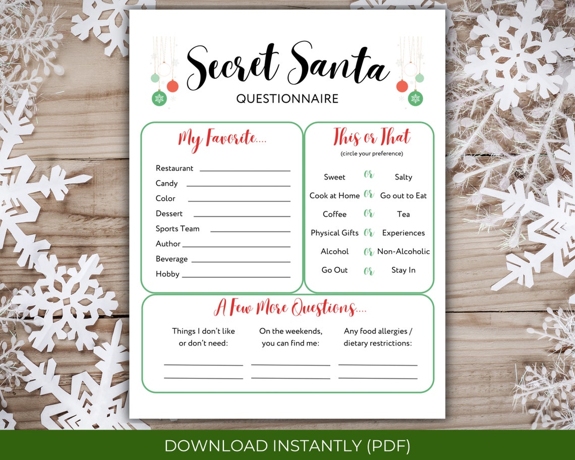 Secret Santa Questionnaire for Coworkers, Simple Secret Santa Form ...