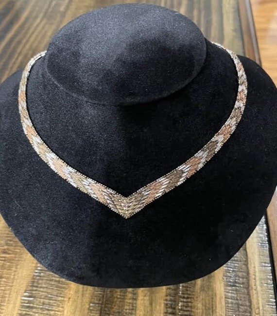 Italian Tri Color Braided Herringbone Necklace in Gol… - Gem