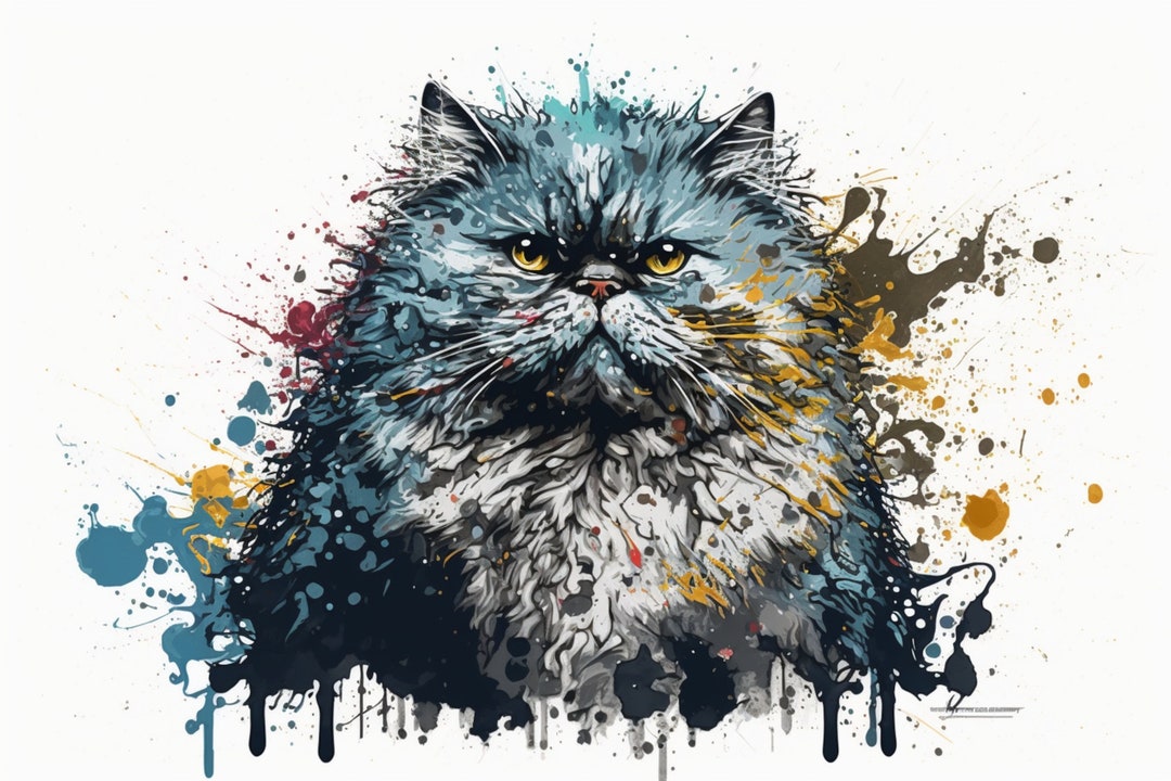 Splatter Paint Persian Cat Modern Home Decor, Cat Lover, Digital Print ...