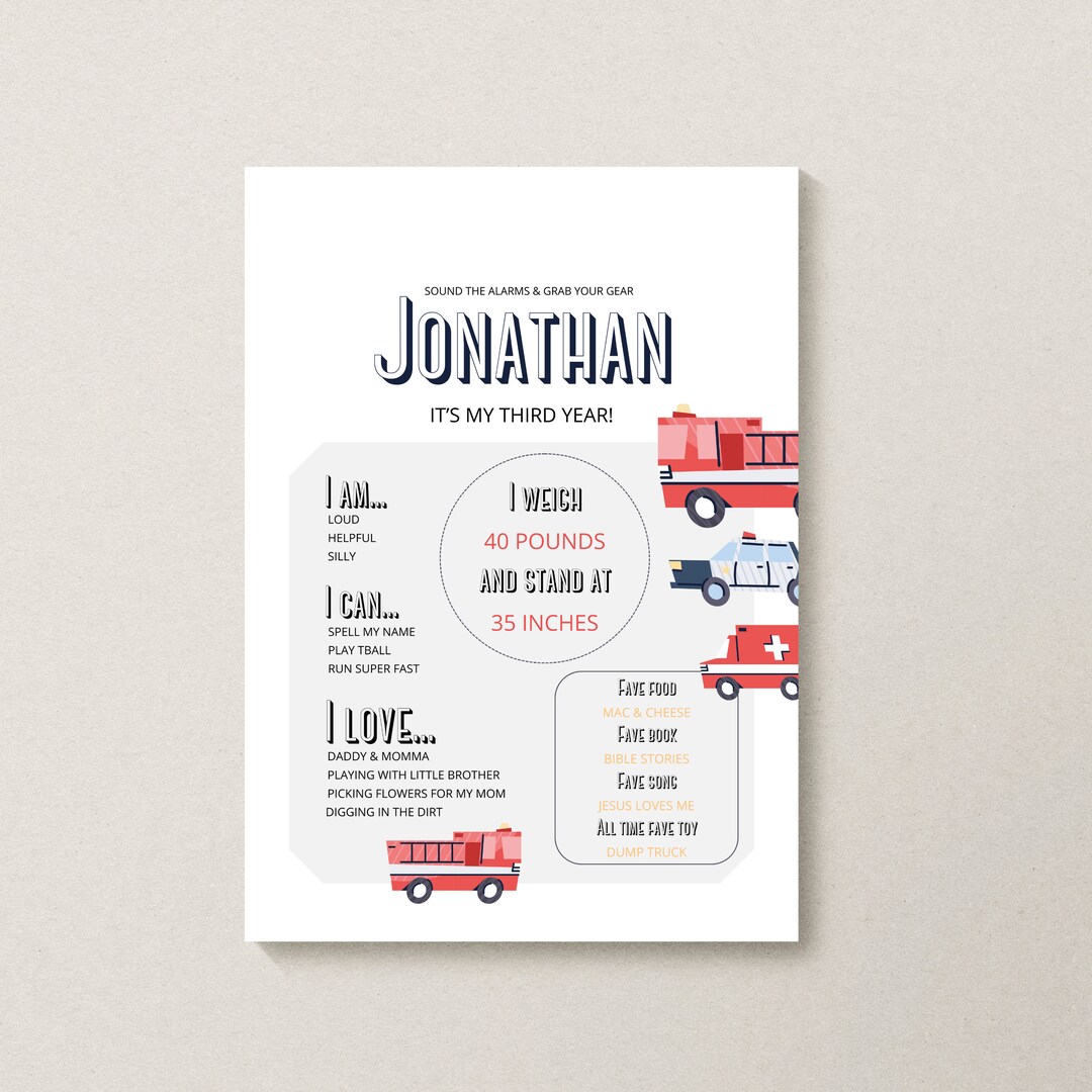 Emergency Vehicle Birthday Milestone Sign | Third Fourth Fifth Birthday ...