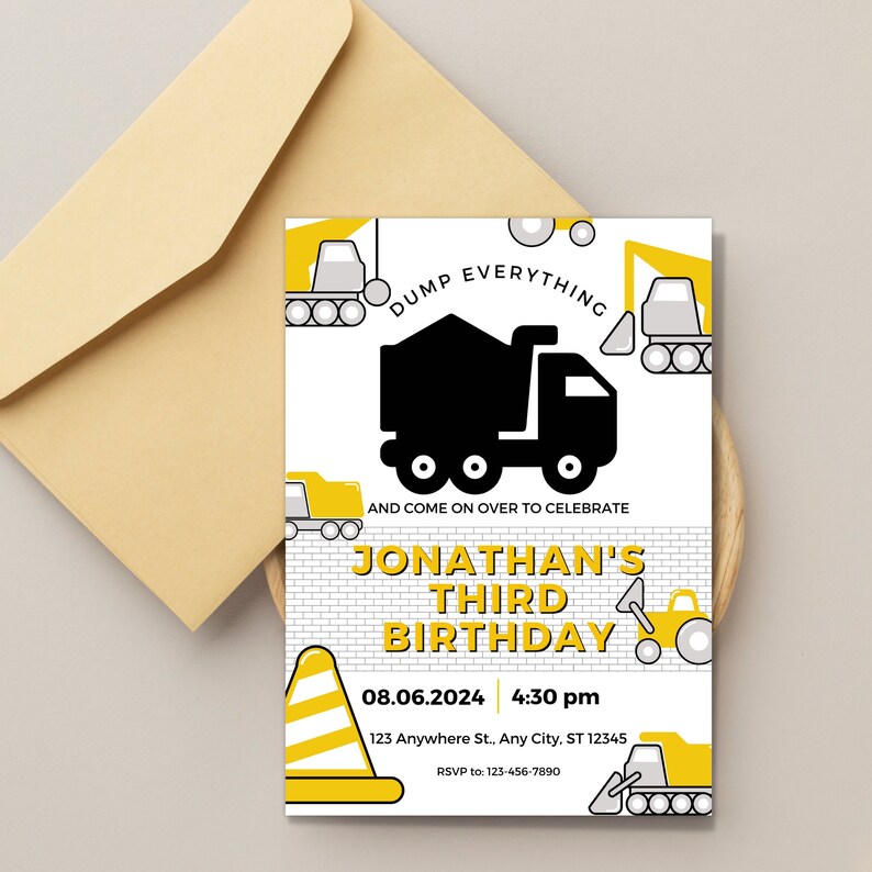 Construction Vehicle Birthday Party Invitation | Digital | Editable ...