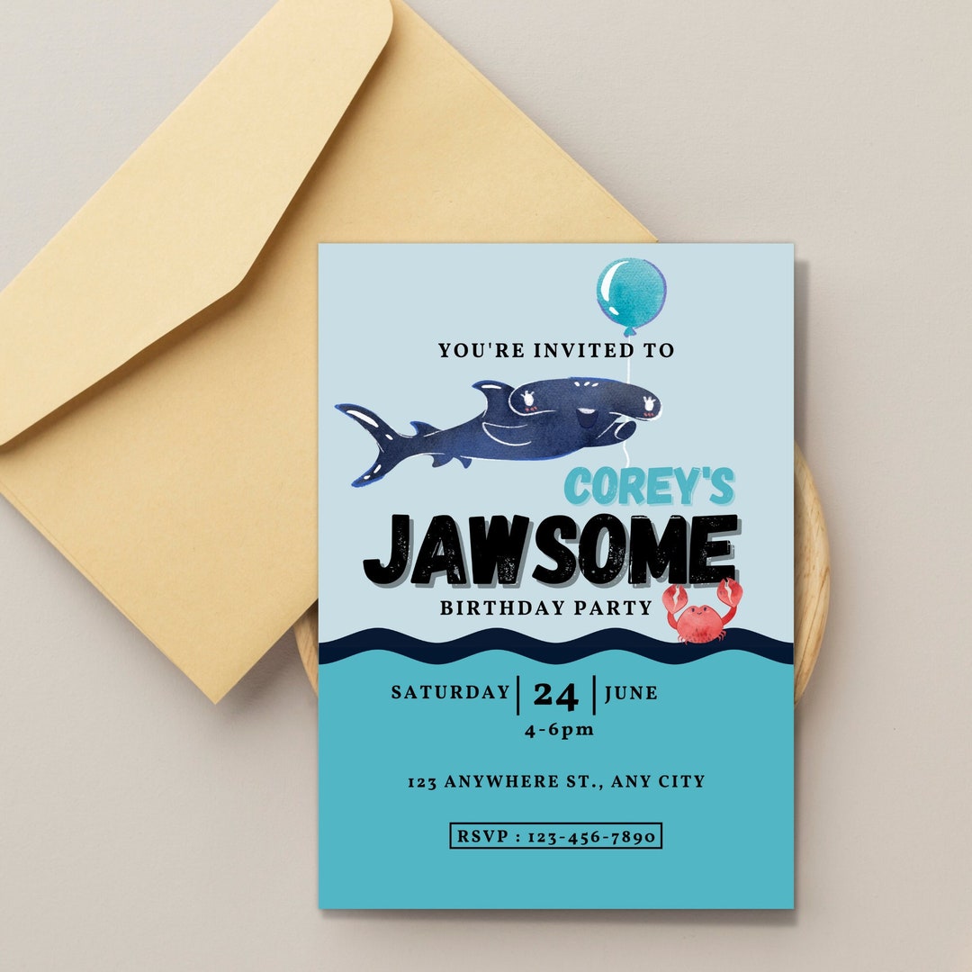 Jawsome Birthday Party Invitation | Hammerhead Shark Theme Birthday ...
