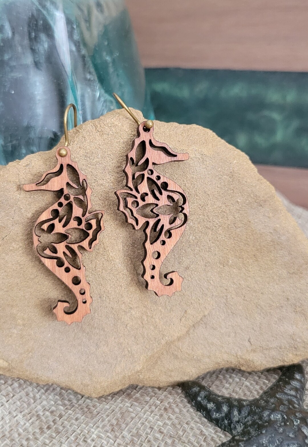Sea Horse delicate Design Lightweight,solid Cherry Wood Lazer Cut Earrings. - Etsy