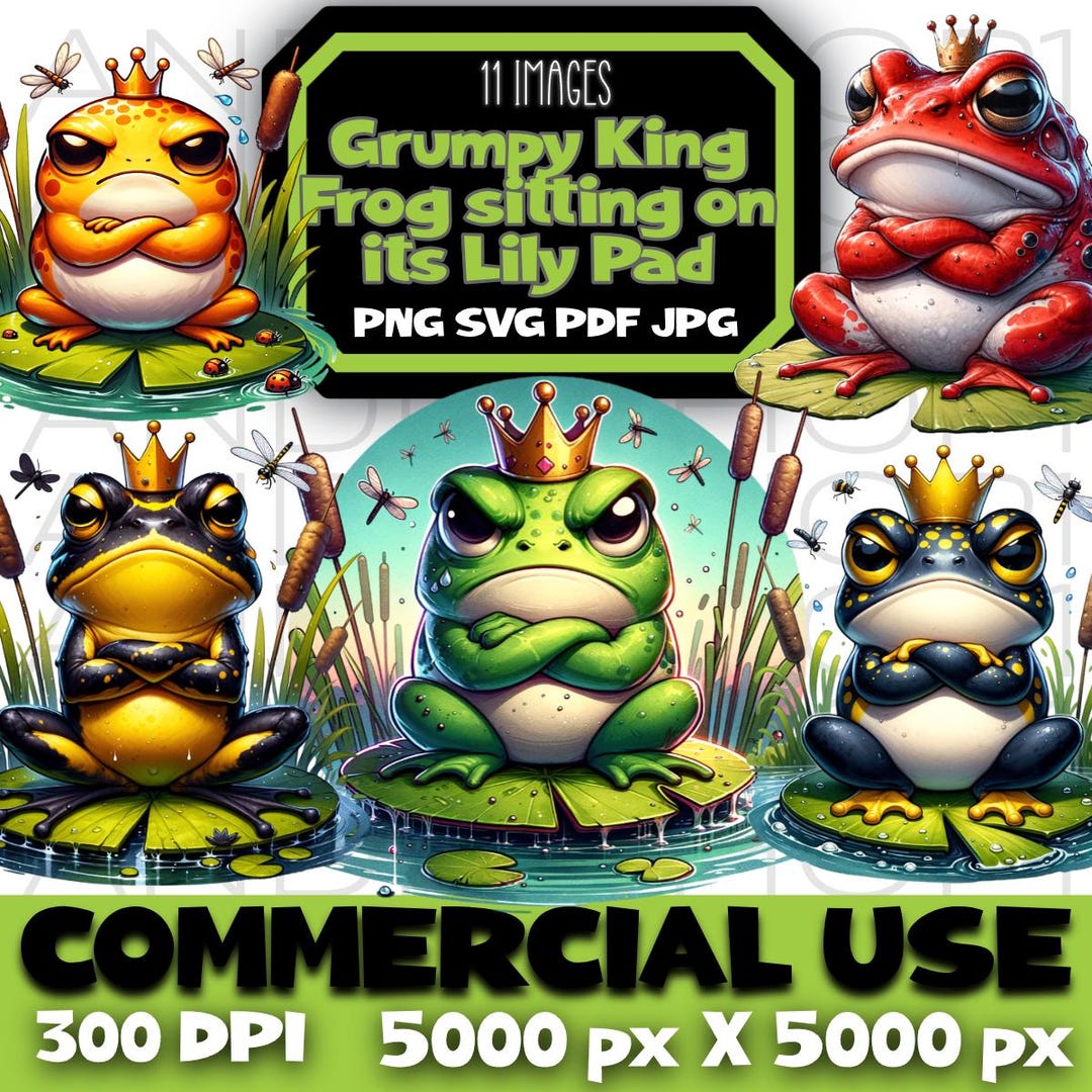 Grumpy King Frog Sitting on Lily Pad Png Image File Png Clipart Pdf ...