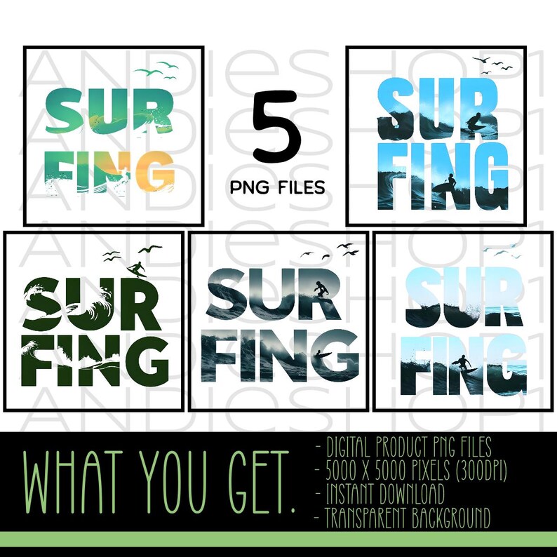 Minimalist Surf Art PNG Bundle – Bold ‘SURFING’ Text With Wave Graphics ...