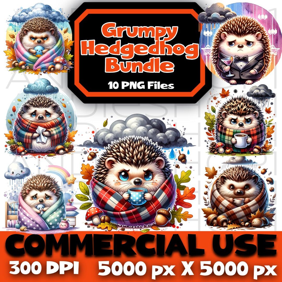 Grumpy Hedgehog Bundle PNG | Digital Instant Download Clipart | Sublimation POD Files | Cute ...