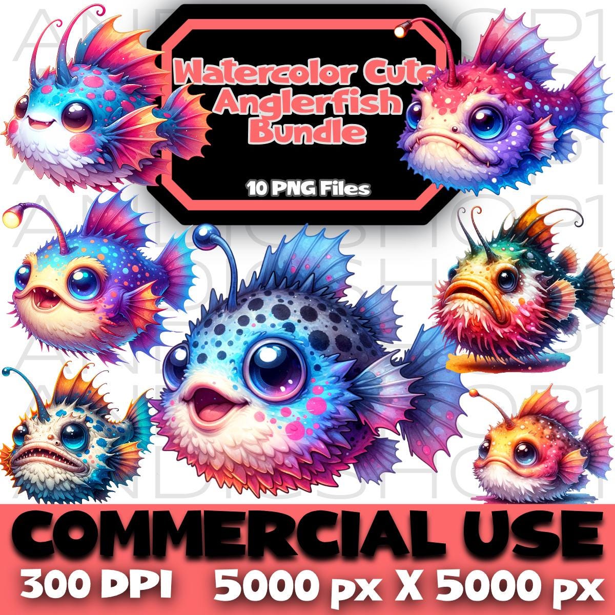 Watercolor Cute Anglerfish Bundle – Digital Instant Download Clipart ...