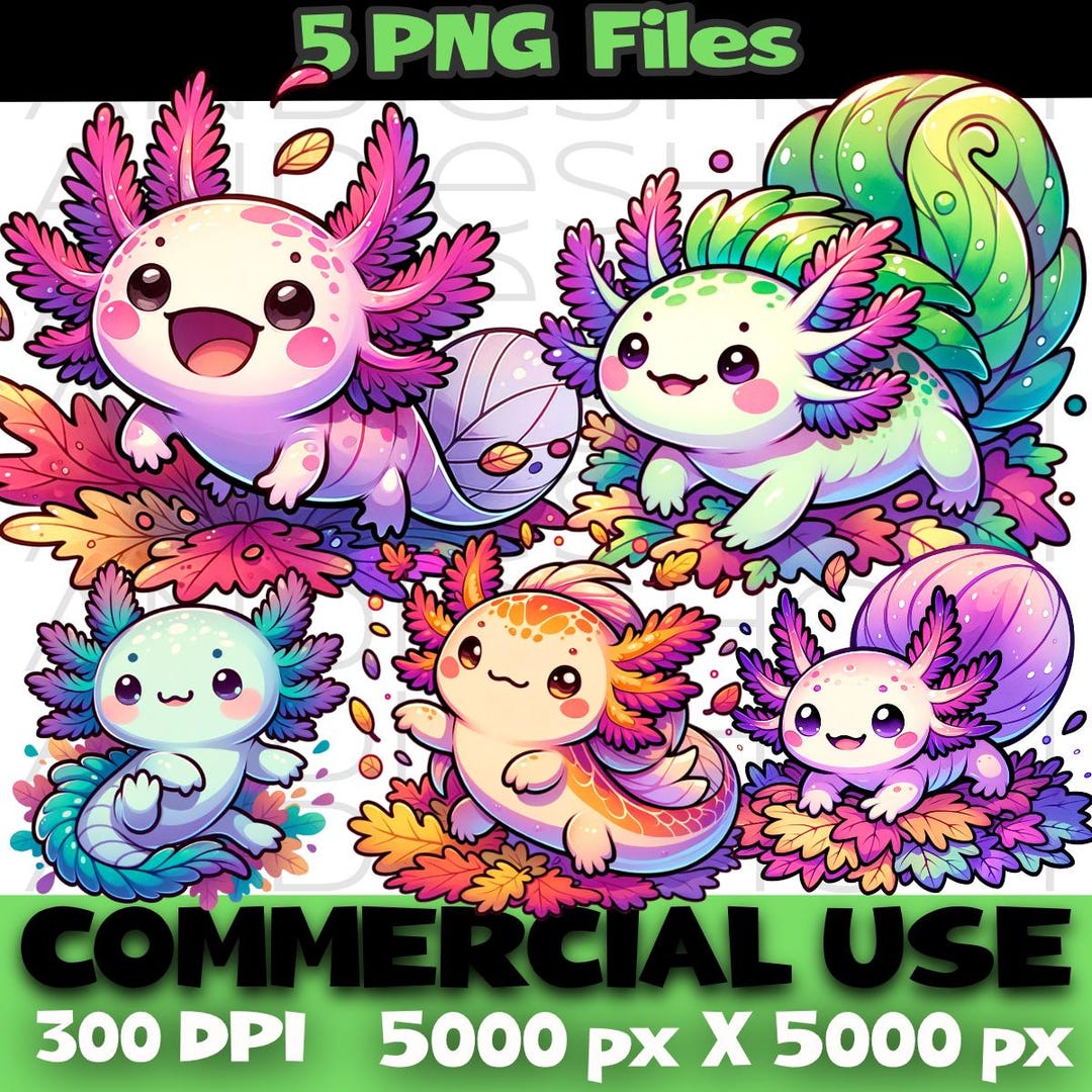 Cute Axolotl in Autumn Leaves PNG Bundle, Fall Axolotl Clipart, Kawaii ...