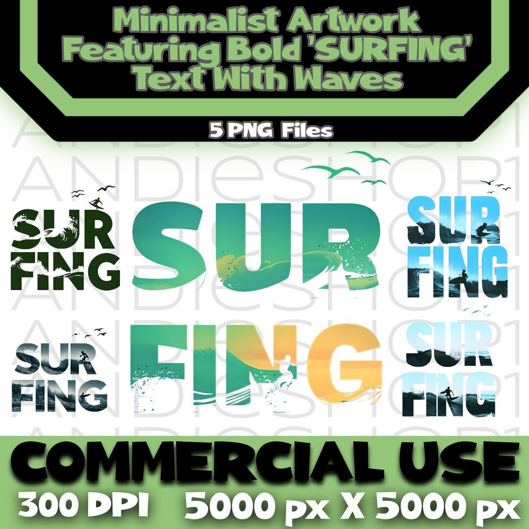Minimalist Surf Art PNG Bundle – Bold ‘SURFING’ Text With Wave Graphics ...