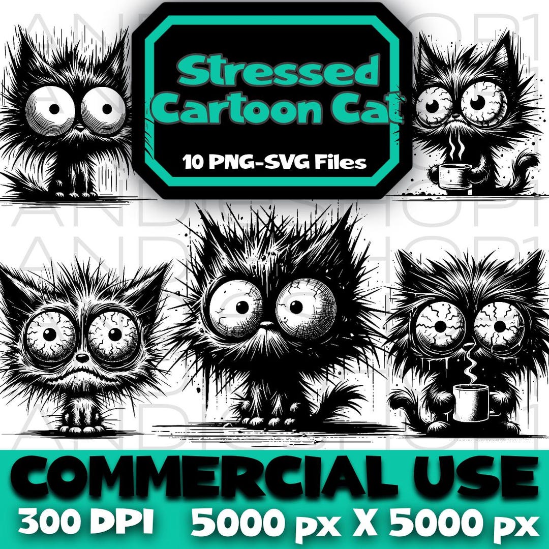 Stressed Cartoon Cat PNG Bundle – Clipart for DIY Crafts (digital ...