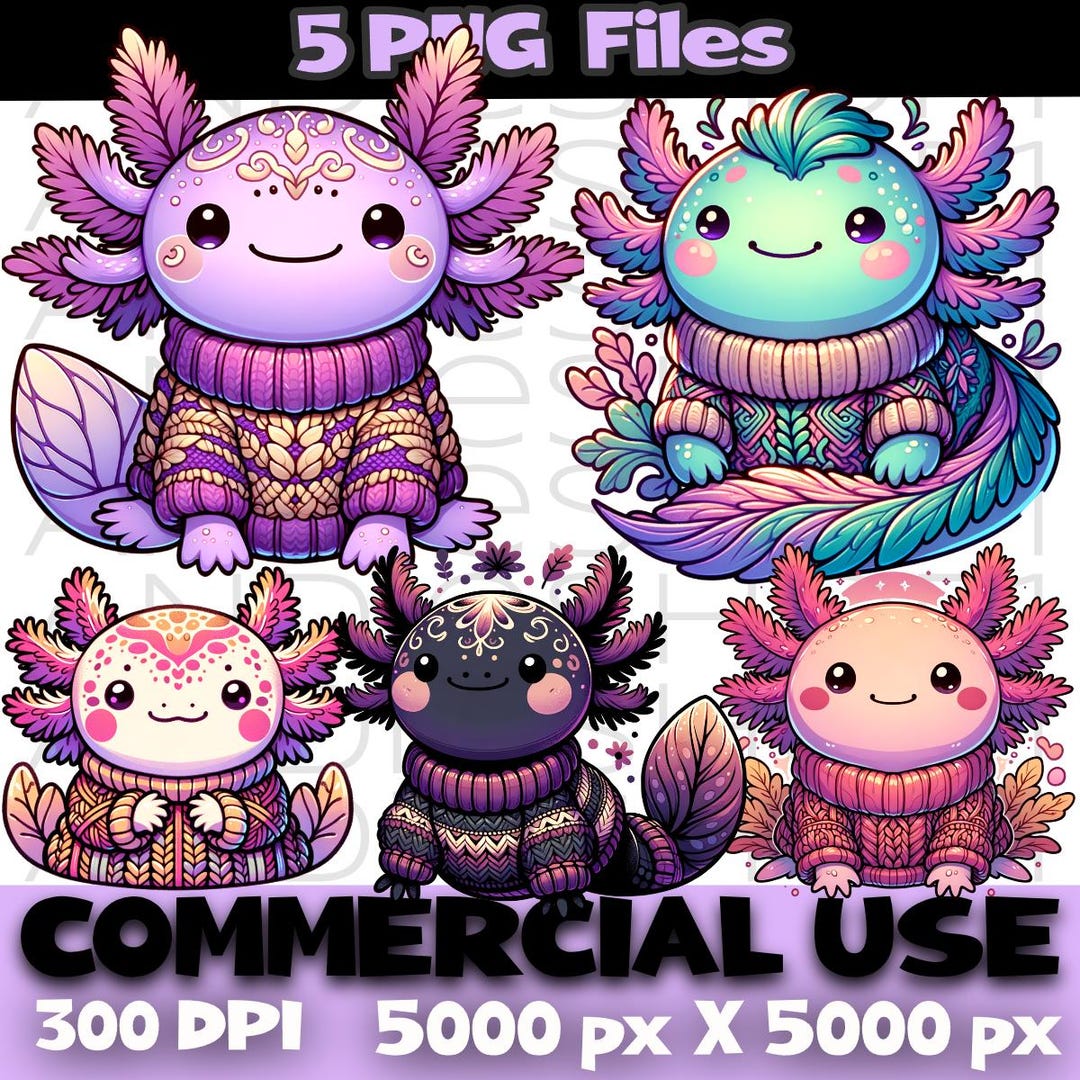 Cute Axolotl Autumn Sweater PNG Bundle, Cozy Fall Axolotl Clipart, Cute ...
