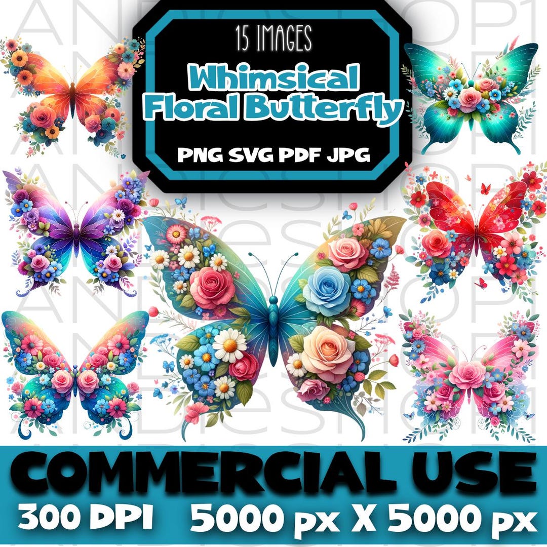 Floral Butterfly Clipart Bundle, Whimsical Flower Images (digital ...
