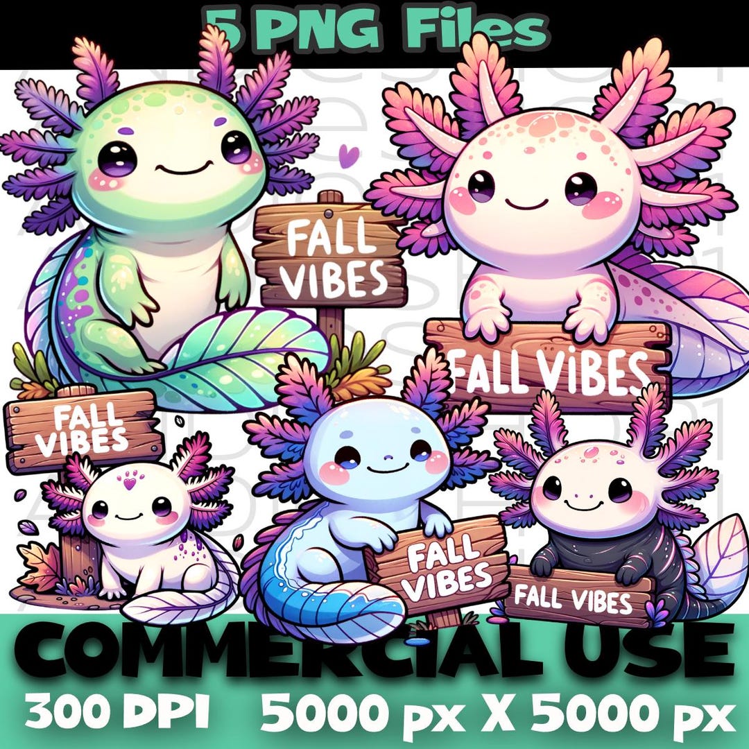 Cute Axolotl Fall Vibes PNG Bundle | Autumn Axolotl Clipart With Wood ...