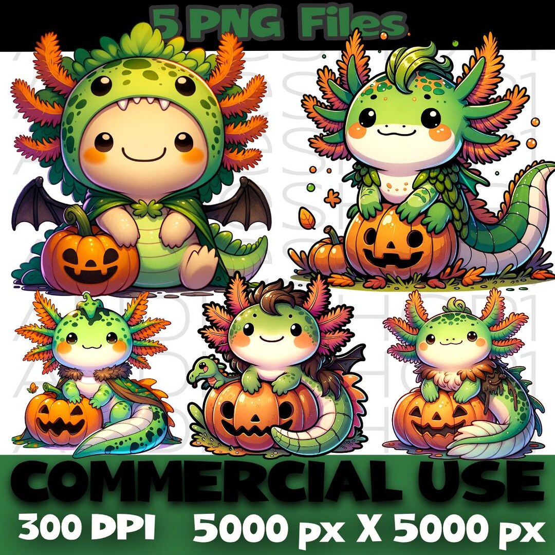 Dragon Costume Green Axolotl Pumpkin PNG Bundle, Cute Fall Halloween ...