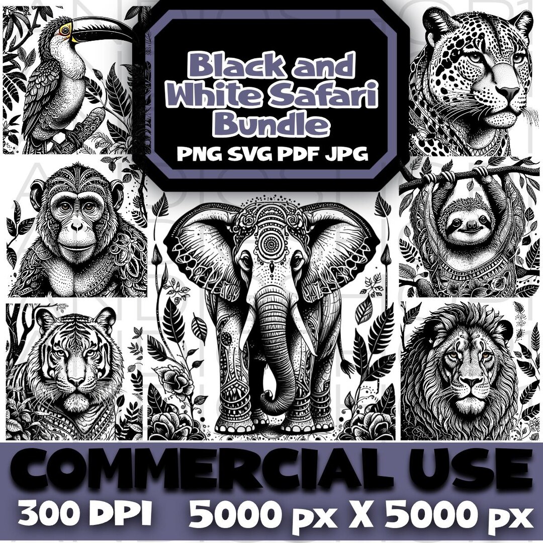 Svg Png Pdf Jpg Image Files Black and White Safari Animal Bundle ...