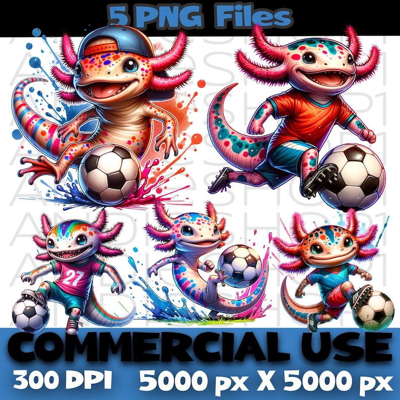 Funny Cartoon Axolotl Playing Soccer PNG Bundle | Cute Amphibian ...