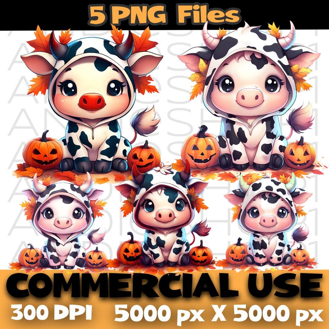 Cute Cartoon Cow in Halloween Costume With Autumn Leaves PNG Bundle ...