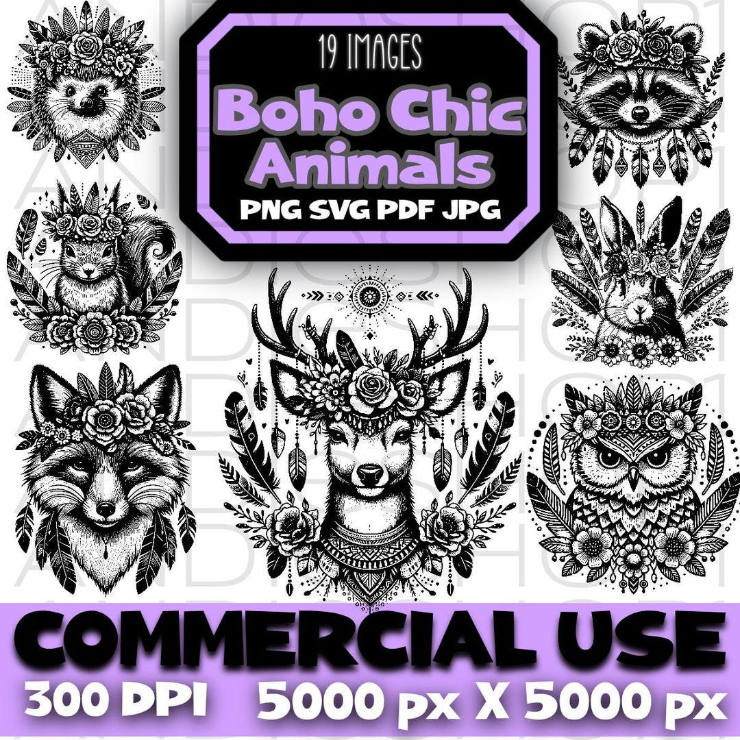 Boho Chic Woodland Animals Svg Png Pdf Jpg Image File Bohemian Clipart ...