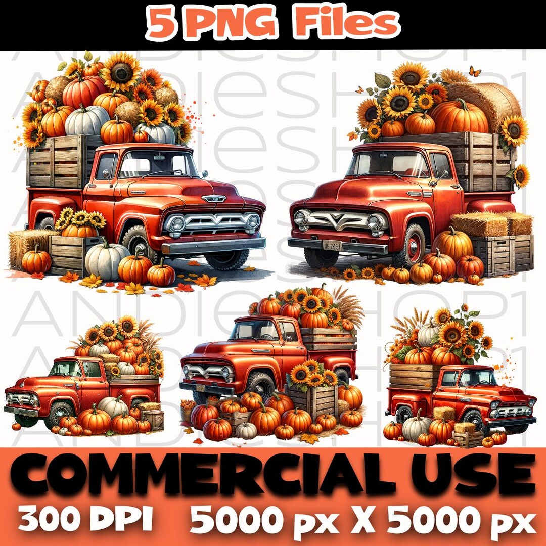 Vintage Red Truck Pumpkin Clipart Bundle, Fall Harvest Pngs, Rustic ...