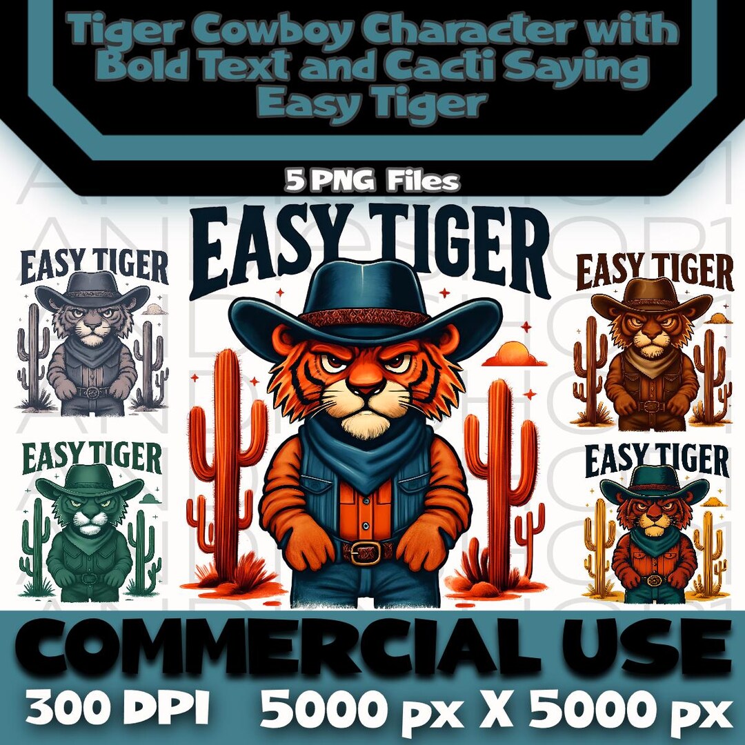 Tiger Cowboy Character PNG Bundle | Easy Tiger Bold Text Cactus Clipart ...