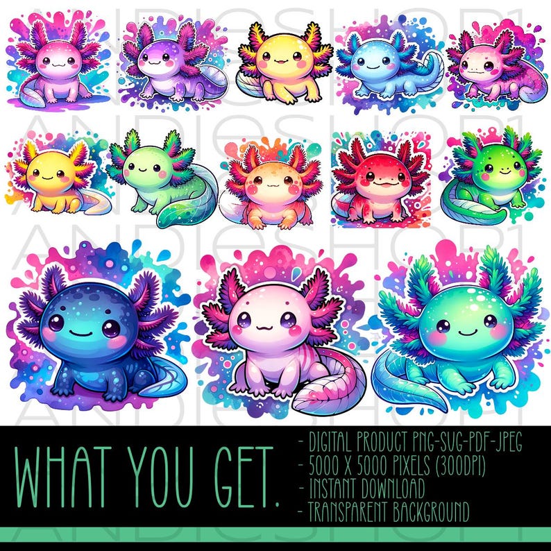 Watercolor Axolotl Clipart Bundle, Cute Salamander PNG (digital ...