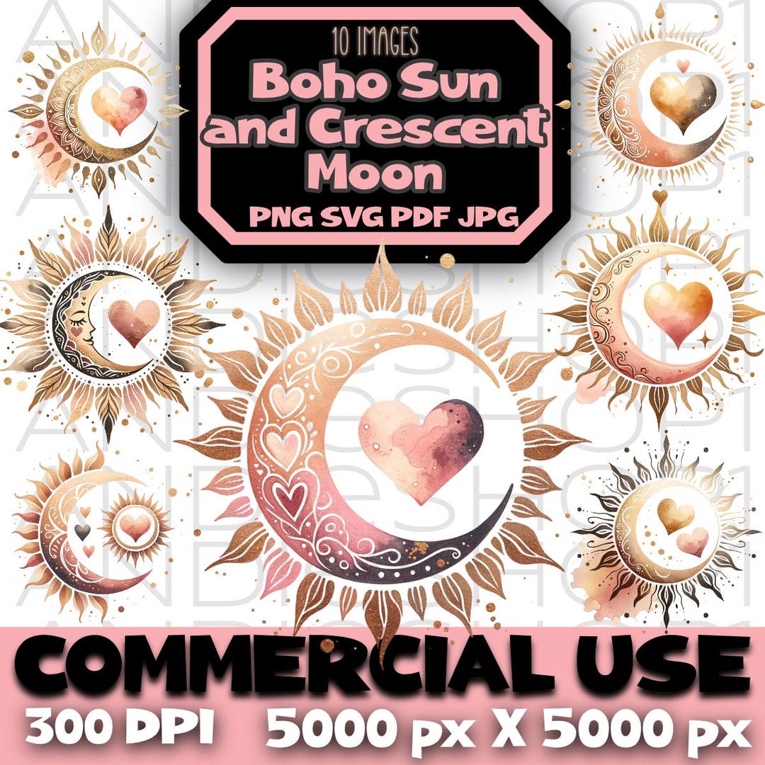 Boho Sun and Crescent Moon Png Image File Bohemian Astral Clipart Heart ...