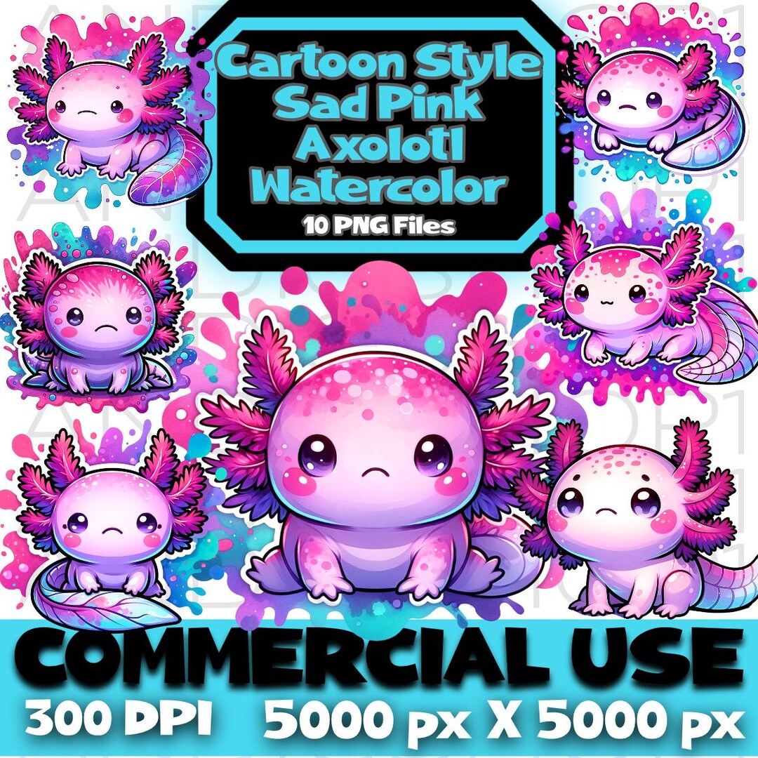 Cartoon Pink Sad Axolotl Watercolor Splash PNG Bundle, Digital Instant ...