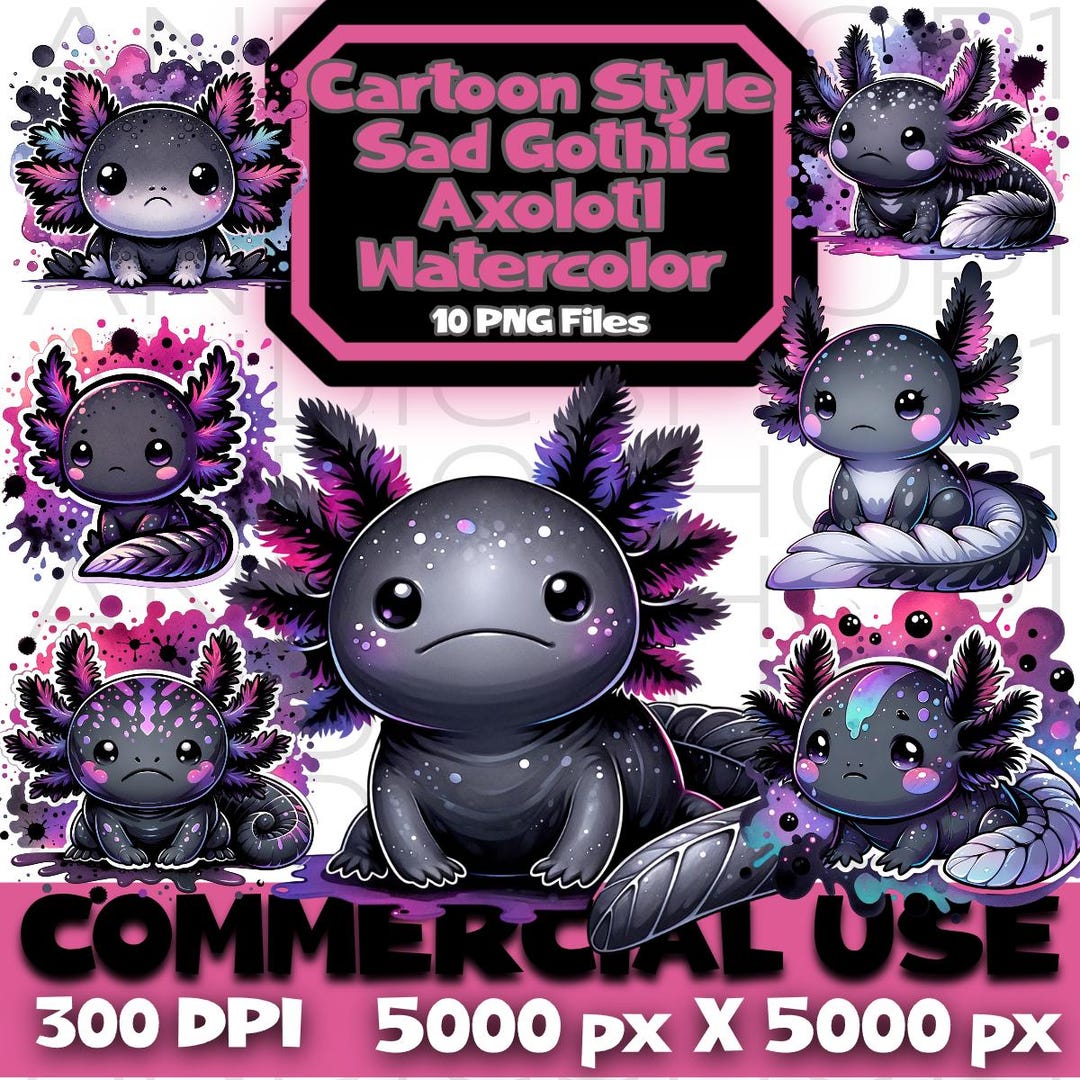 Cartoon Sad Gothic Axolotl Watercolor Splash PNG Bundle, Digital ...