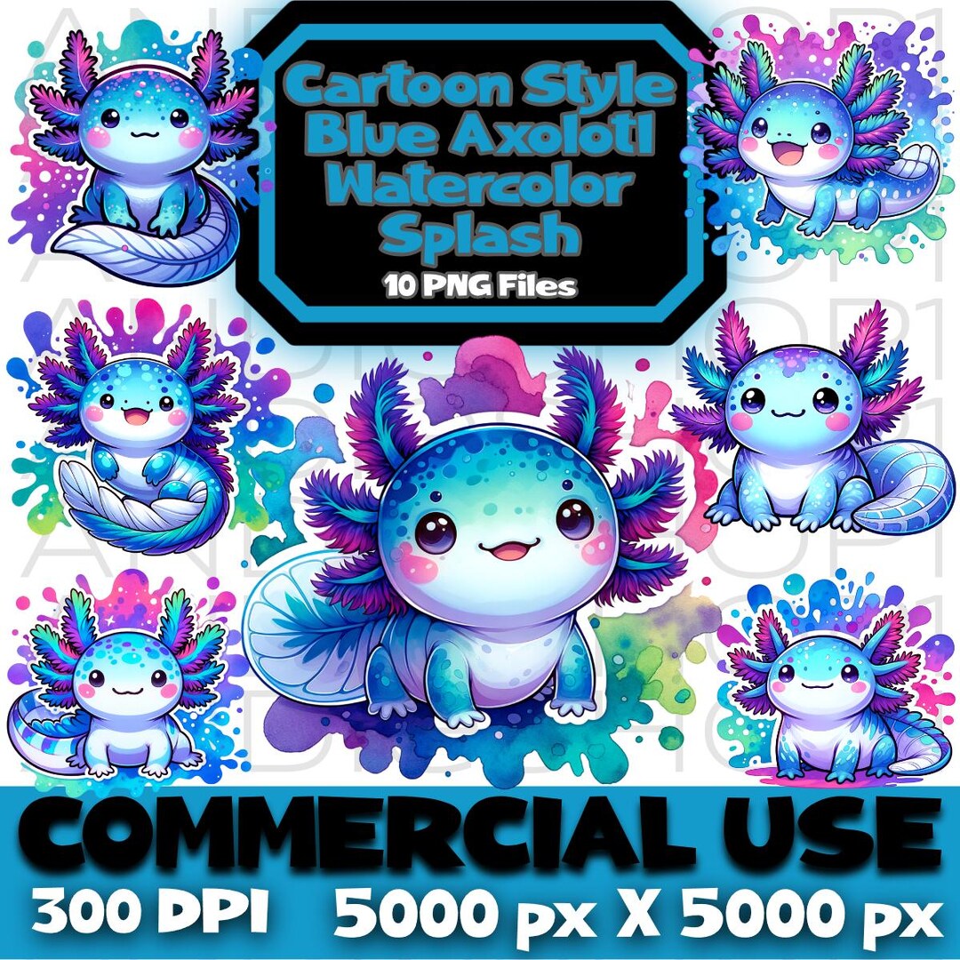 Cartoon Blue Axolotl Watercolor Splash PNG Bundle, Digital Instant ...