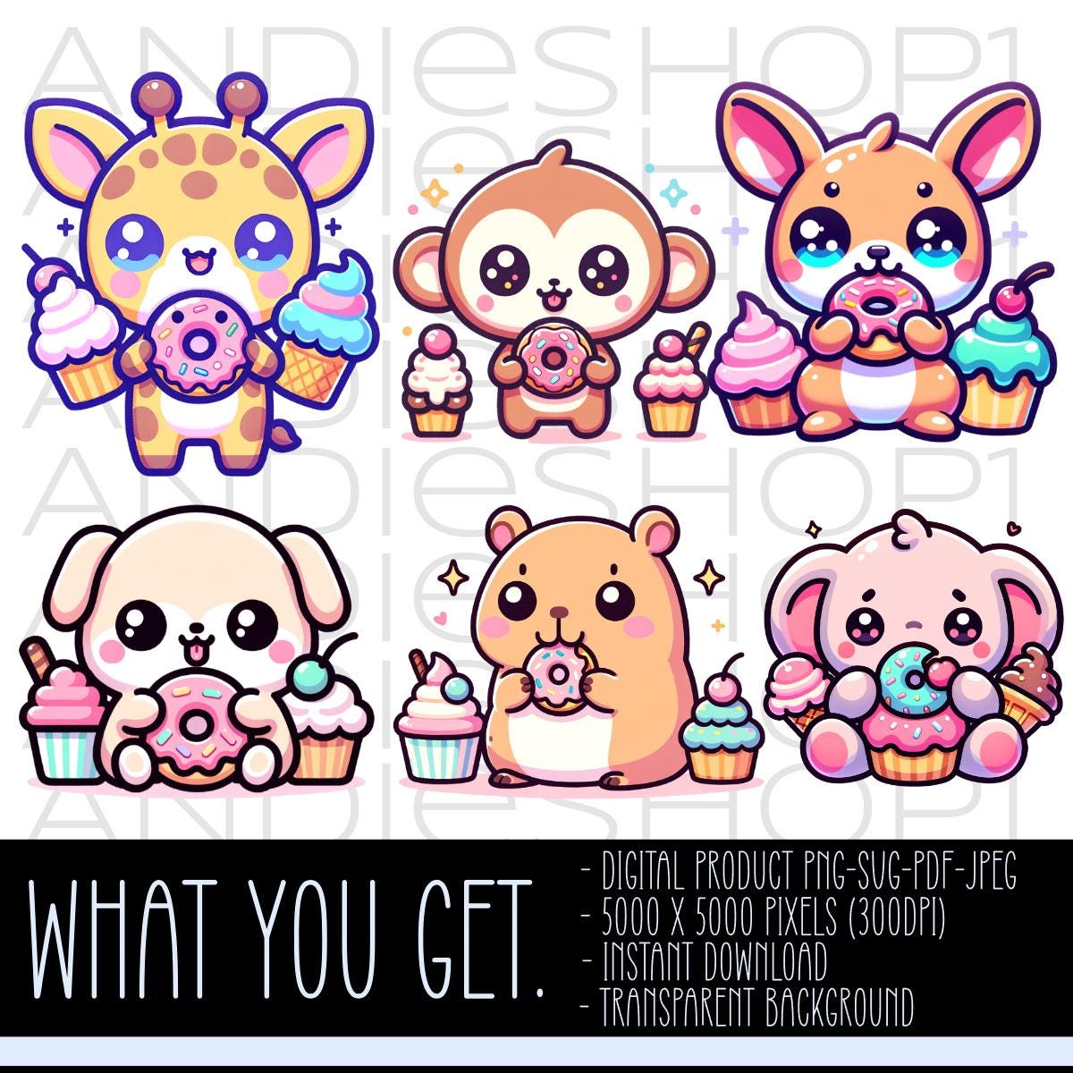 Kawaii Pastel Animals Eating Sweets Clipart Bundle (digital Download ...