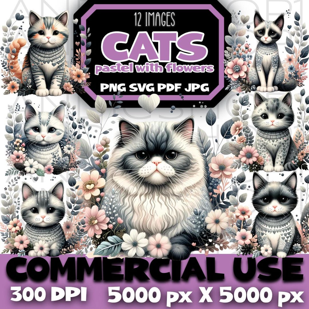 Pastel Cats With Flowers Clipart Svg Png Pdf Jpg Files Bundle Kitten ...