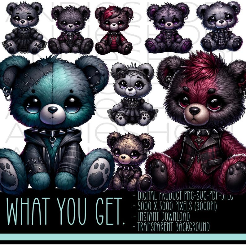 Gothic Teddy Bear Clipart Bundle Digital Instant Download Gothic Bear ...